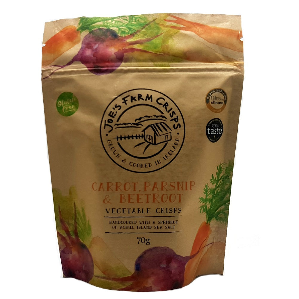 Joe's Farm Crisps Carrot Parsnip & Beetroot Vegetable Crisps with a sp ...